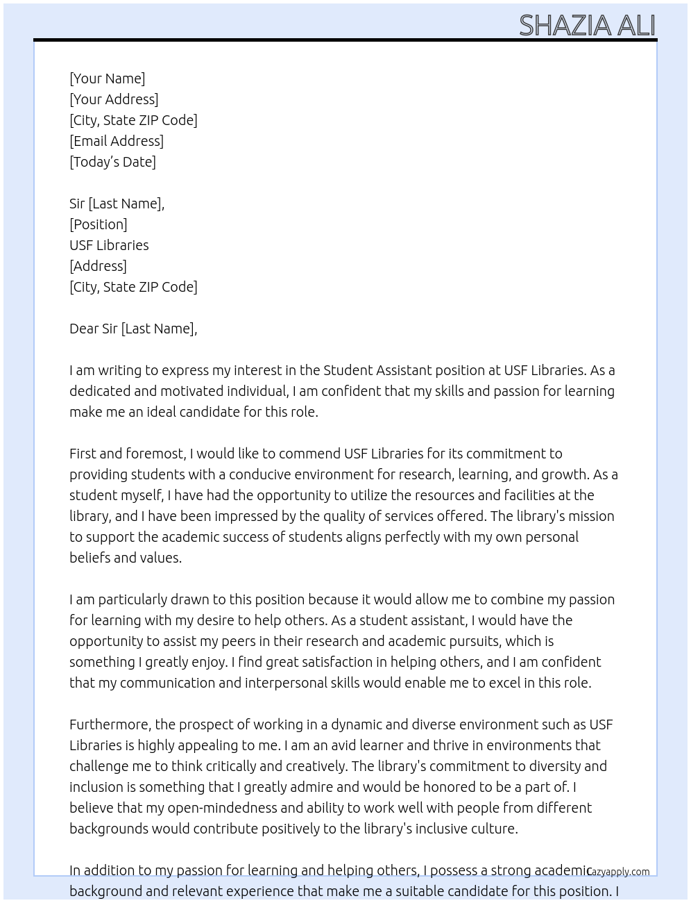 Cover letter for student assistant - LazyApply