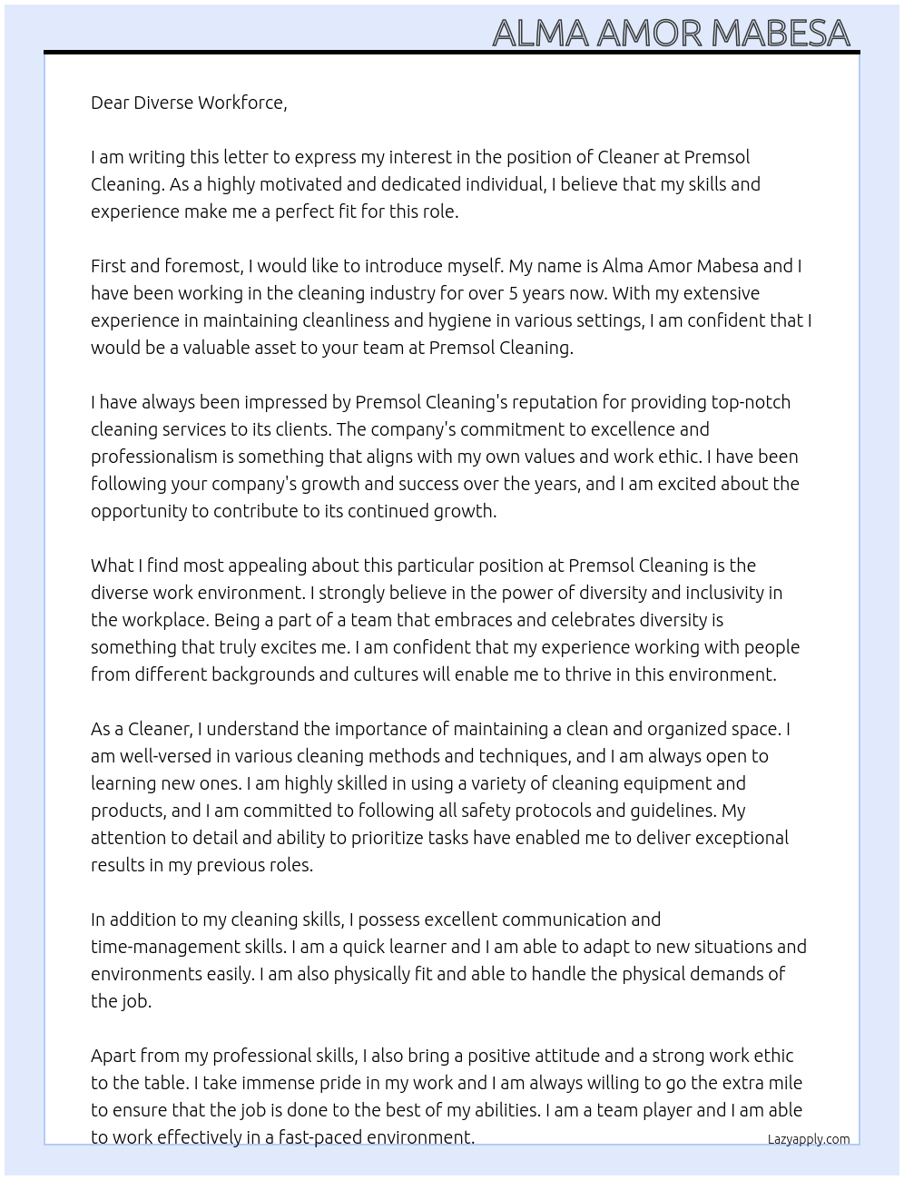 Cover letter for cleaner - LazyApply