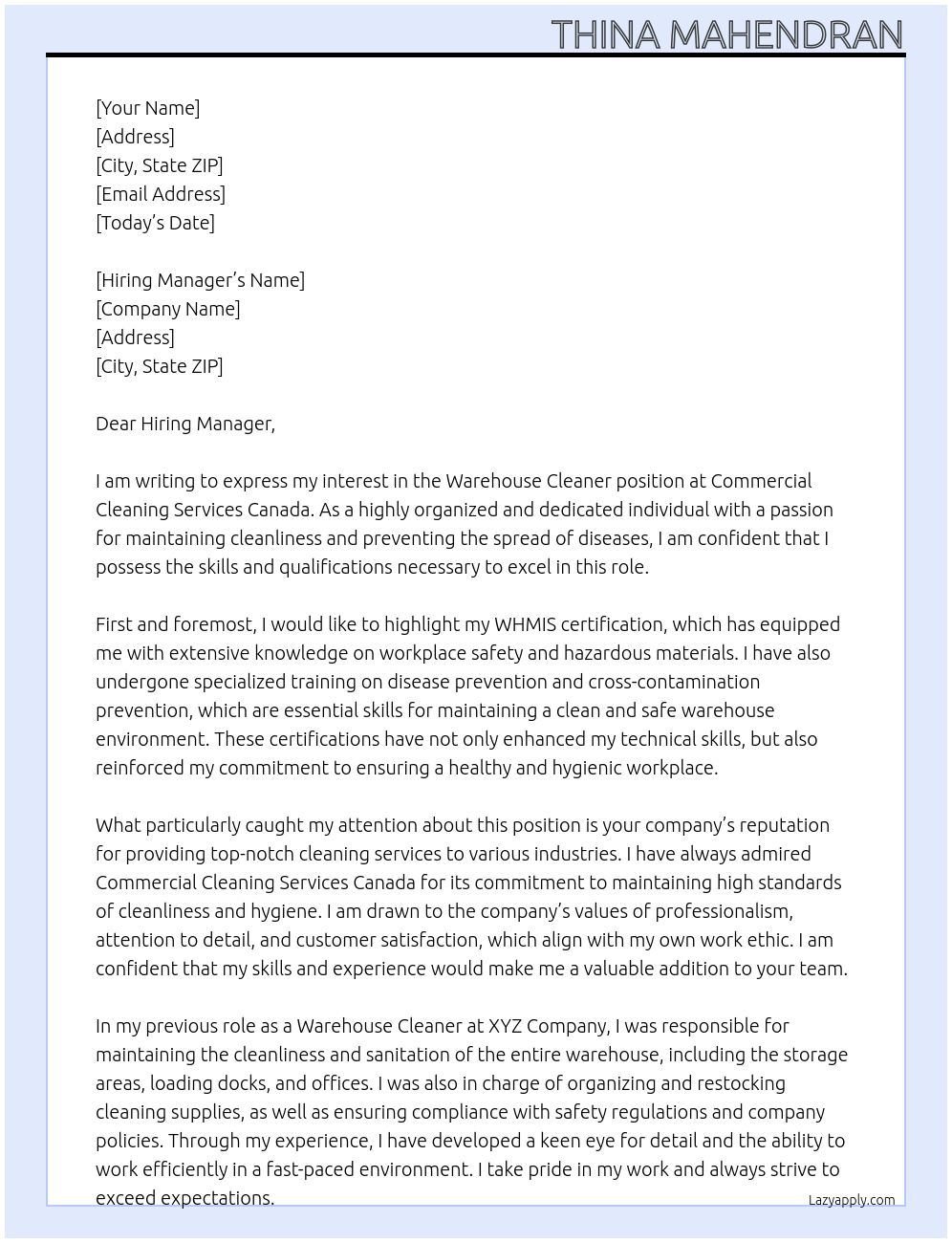 Cover letter for warehouse cleaner - LazyApply