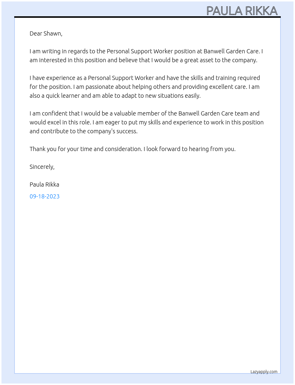Cover letter for personal support worker - LazyApply