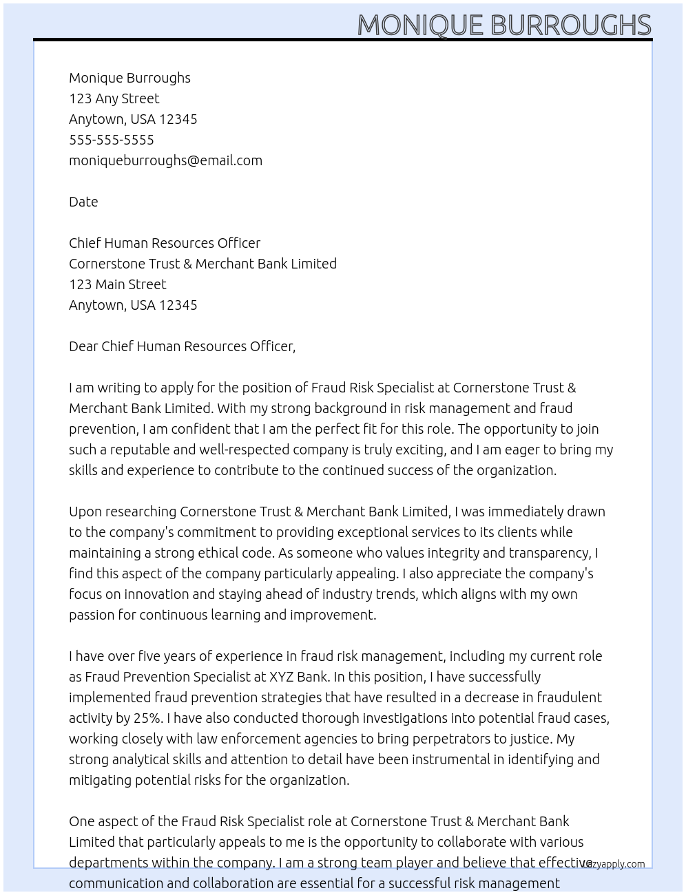 Cover letter for fraud risk specialist - LazyApply