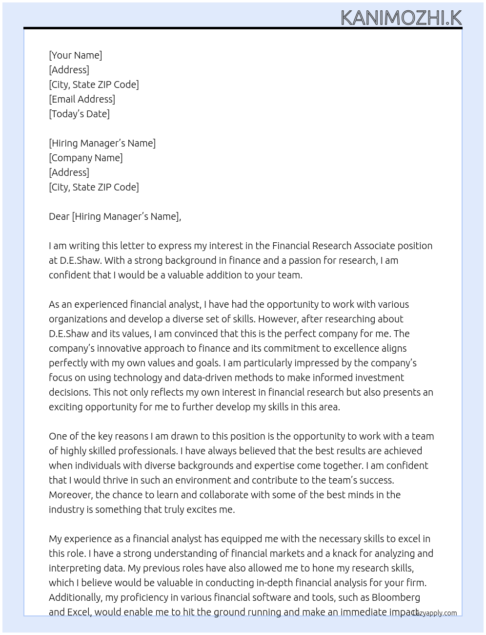 Cover letter for financial research associate - LazyApply