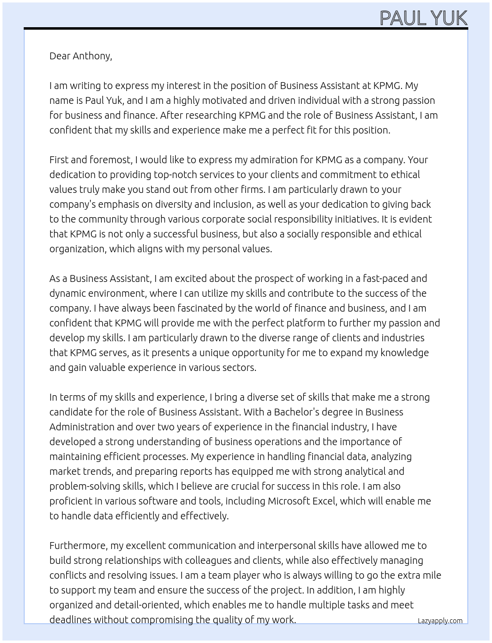 Cover letter for business assistant - LazyApply