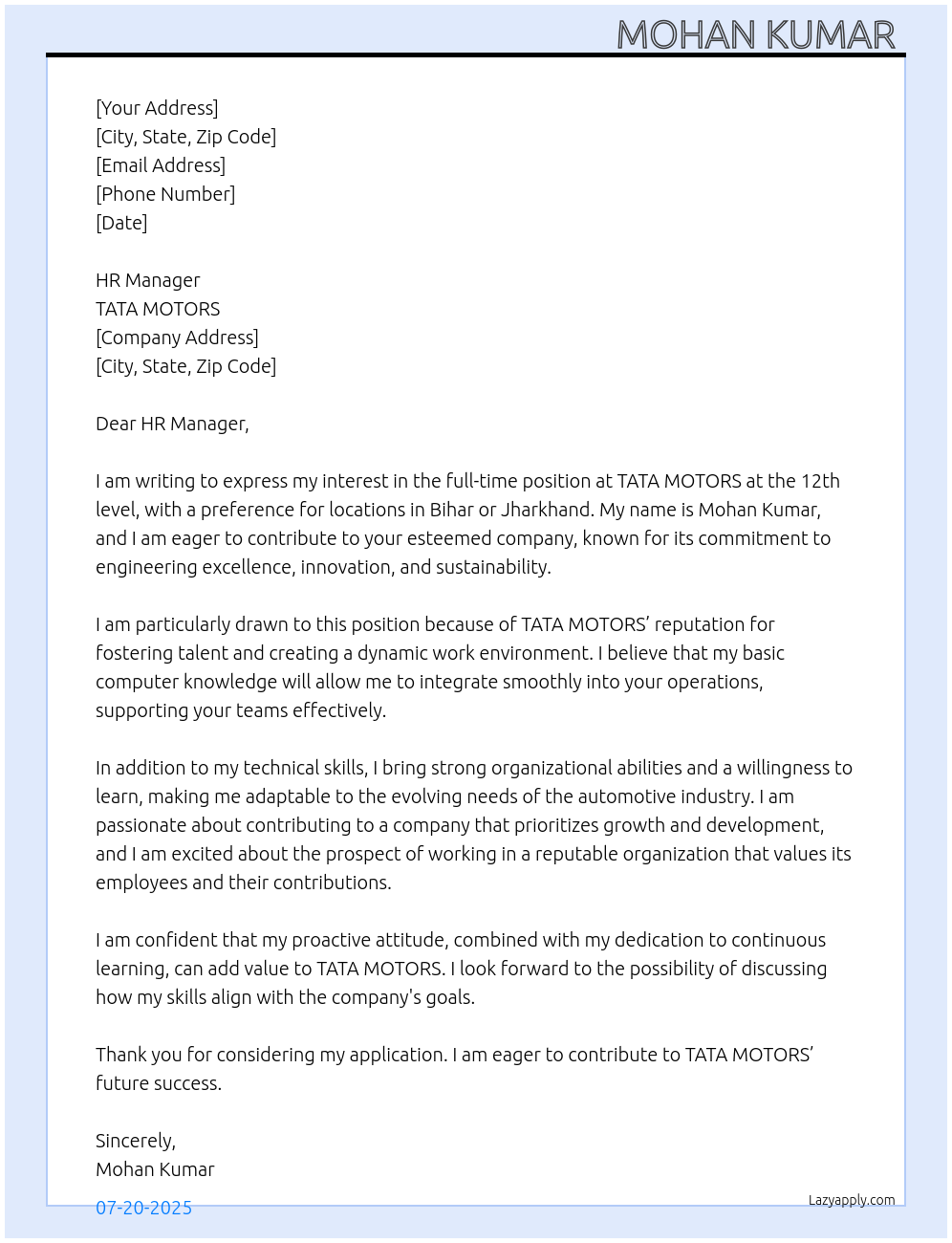 Cover letter for 12th level - LazyApply