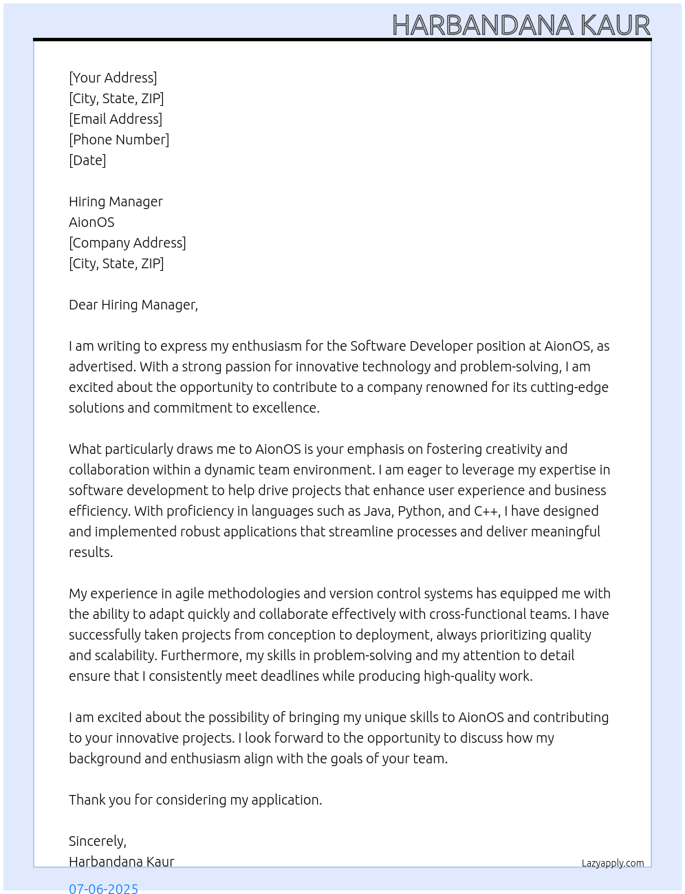 Cover letter for software developer - LazyApply