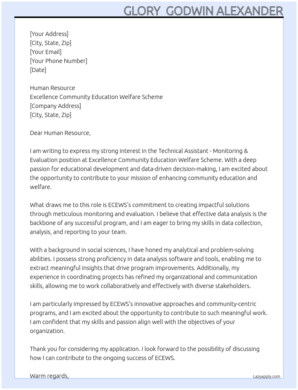Cover letter for technical assistant -monitoring & evaluation - LazyApply