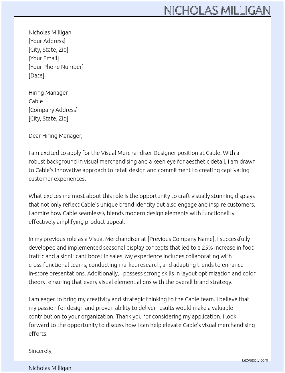 Cover letter for visual merchandiser designer - LazyApply