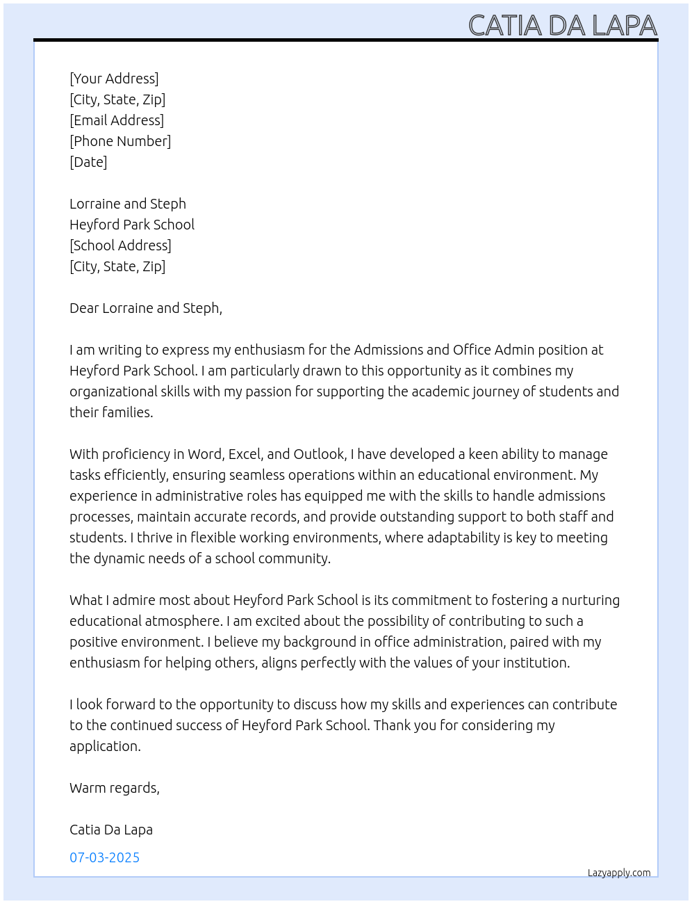 Cover letter for admissions and office admin - LazyApply