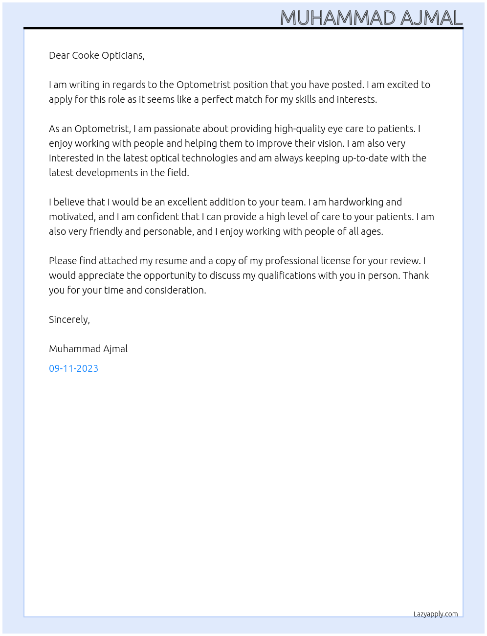 Cover letter for optometrist - LazyApply