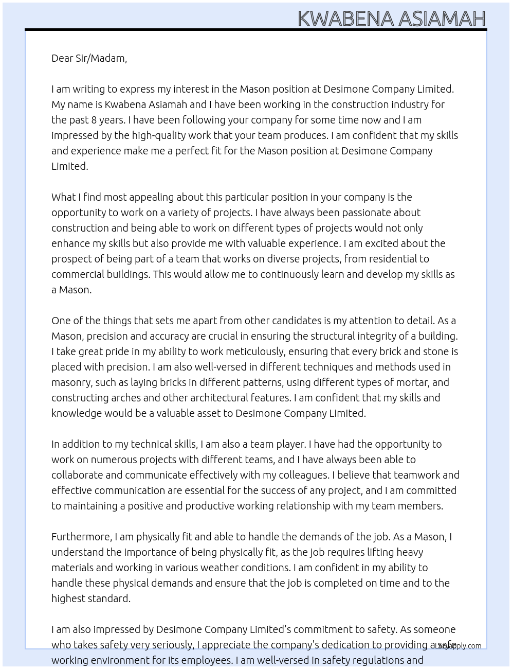 Cover letter for mason - LazyApply