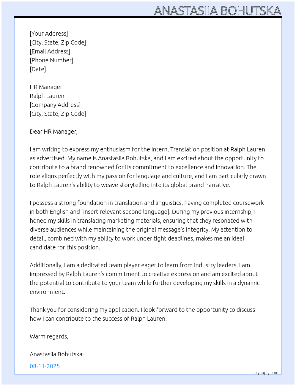 Cover letter for intern, translation - LazyApply