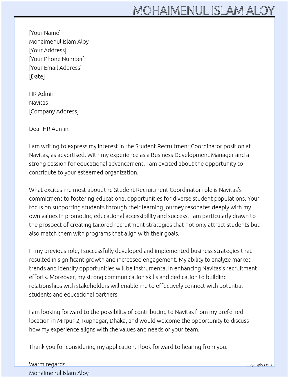 Cover letter for student recruitment coordinator - LazyApply