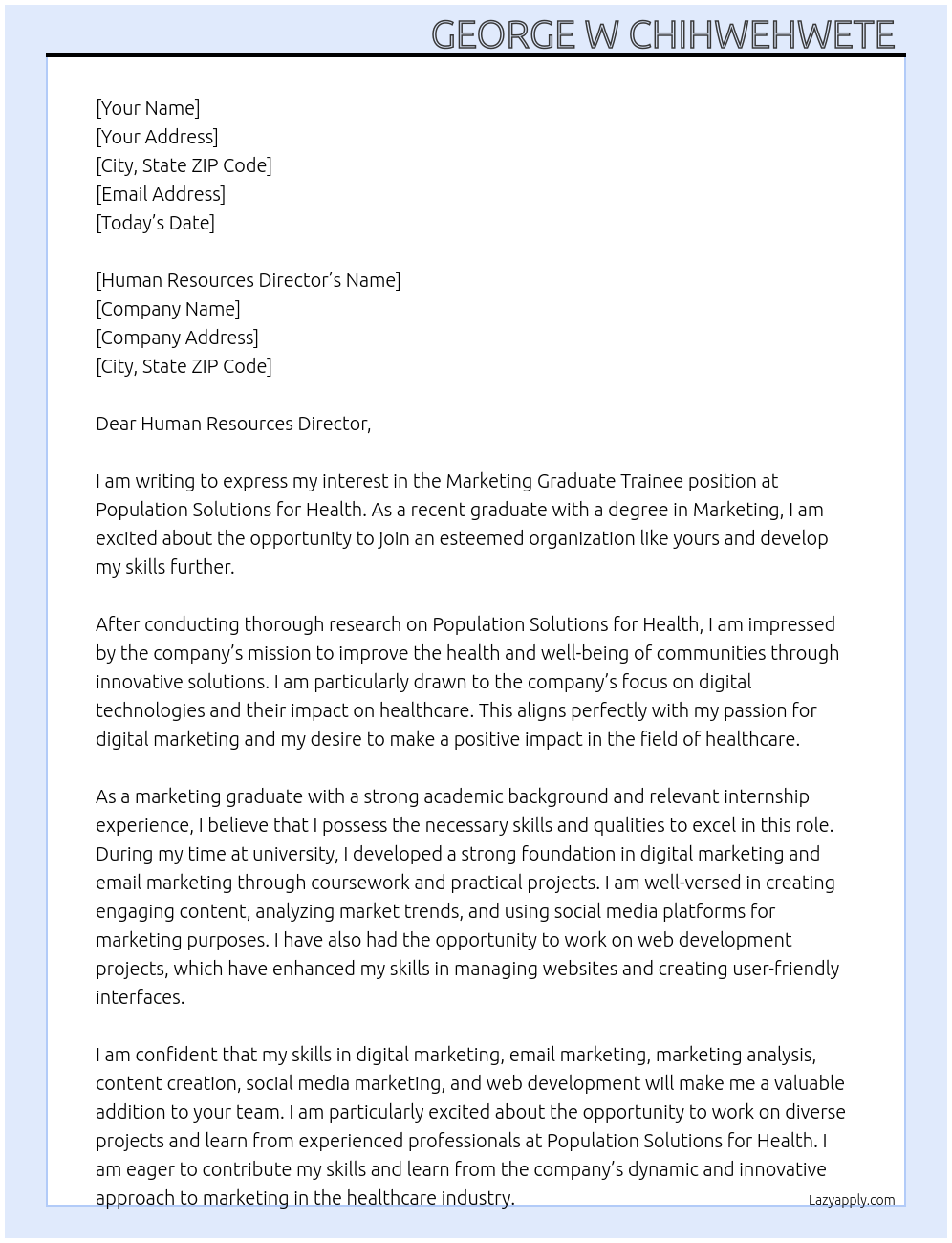 Cover letter for marketing graduate trainee - LazyApply