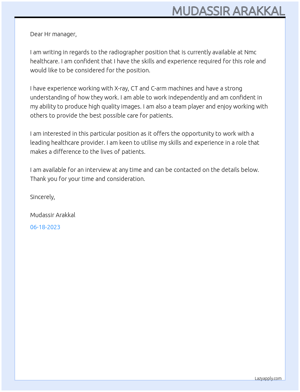 Cover letter for radiographer - LazyApply
