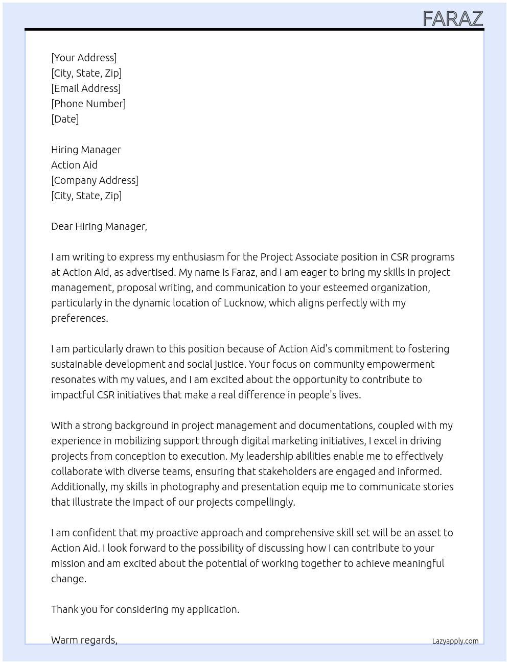 Cover letter for project associate csr programs - LazyApply