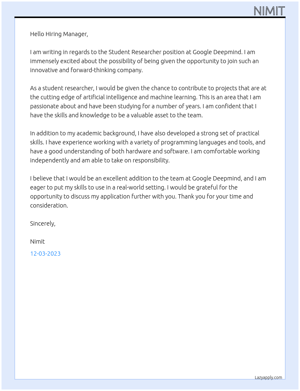 Cover letter for google deepmind - LazyApply