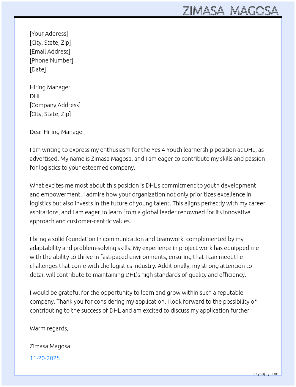 Cover letter for yes 4 youth learnership - LazyApply