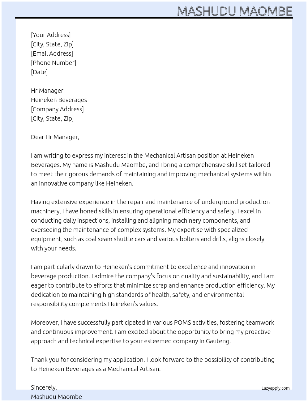 Cover letter for mechanical artisan - LazyApply