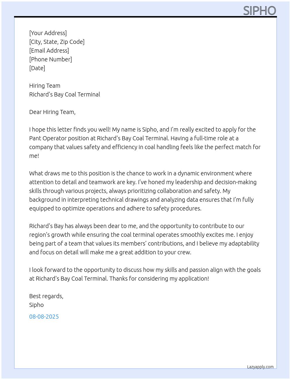 Cover letter for pant operator - LazyApply