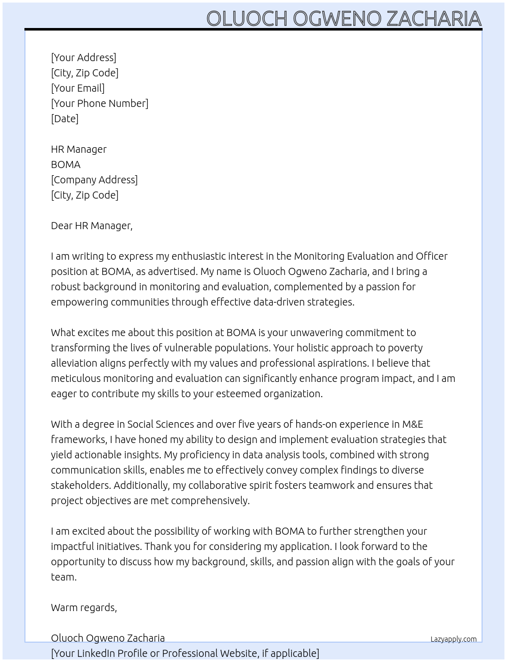 Cover letter for monitoring evaluation and officer - LazyApply