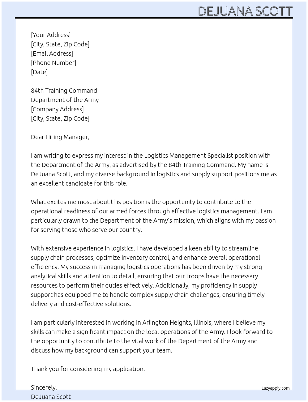 Cover letter for logistics management specialist - LazyApply