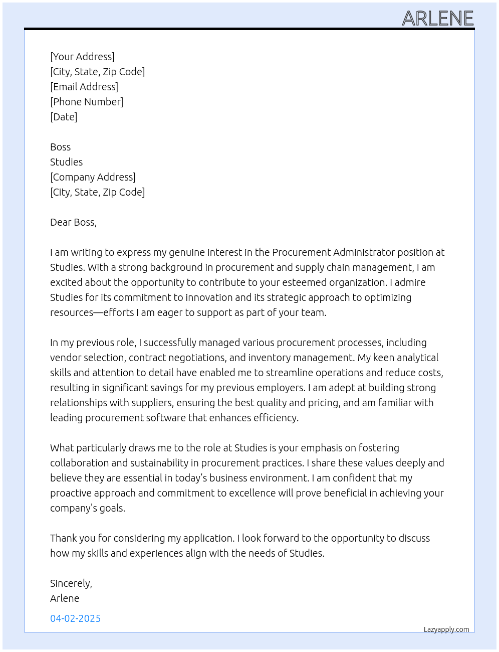 Cover letter for procurement administrator - LazyApply