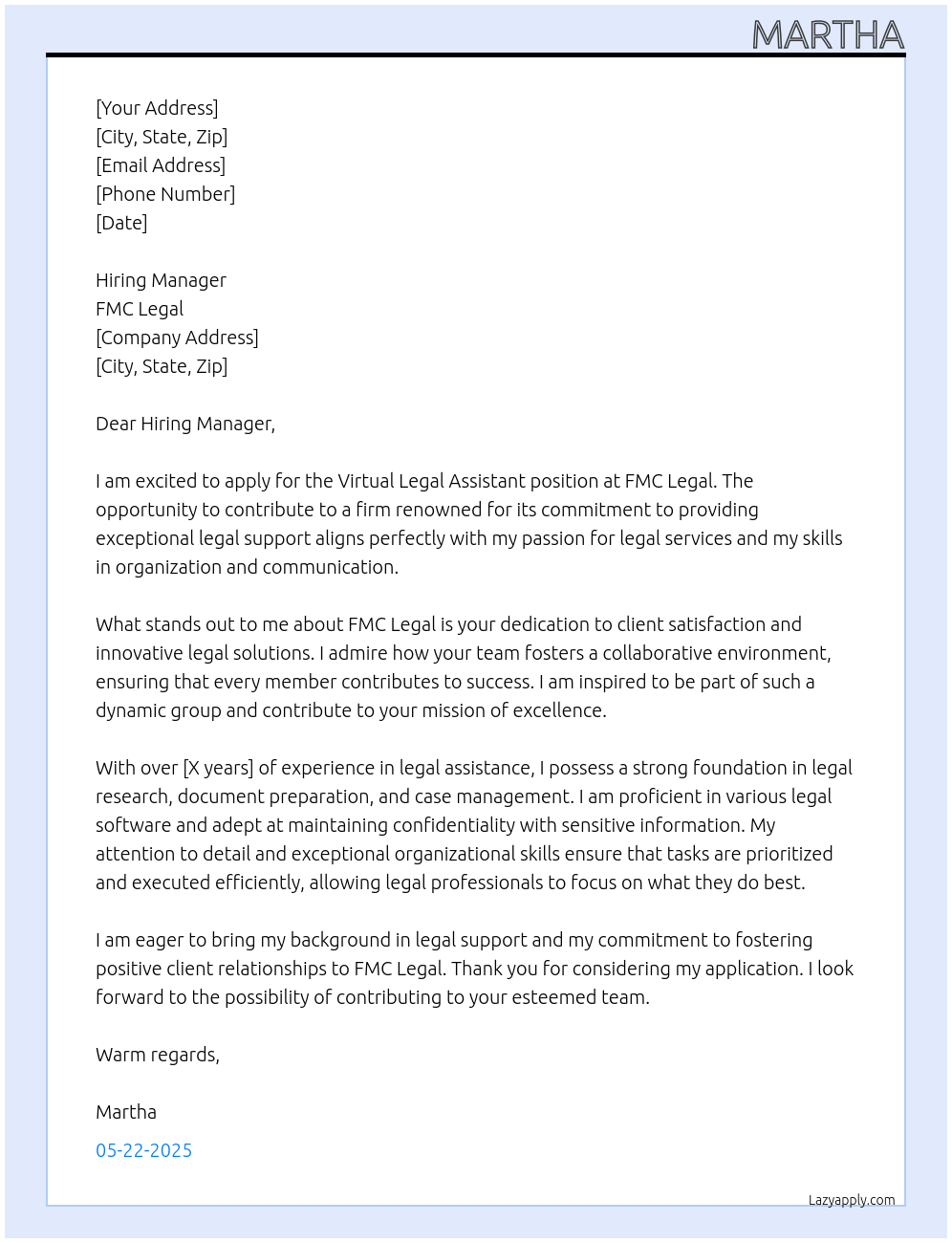 Cover letter for virtual legal assistant - LazyApply