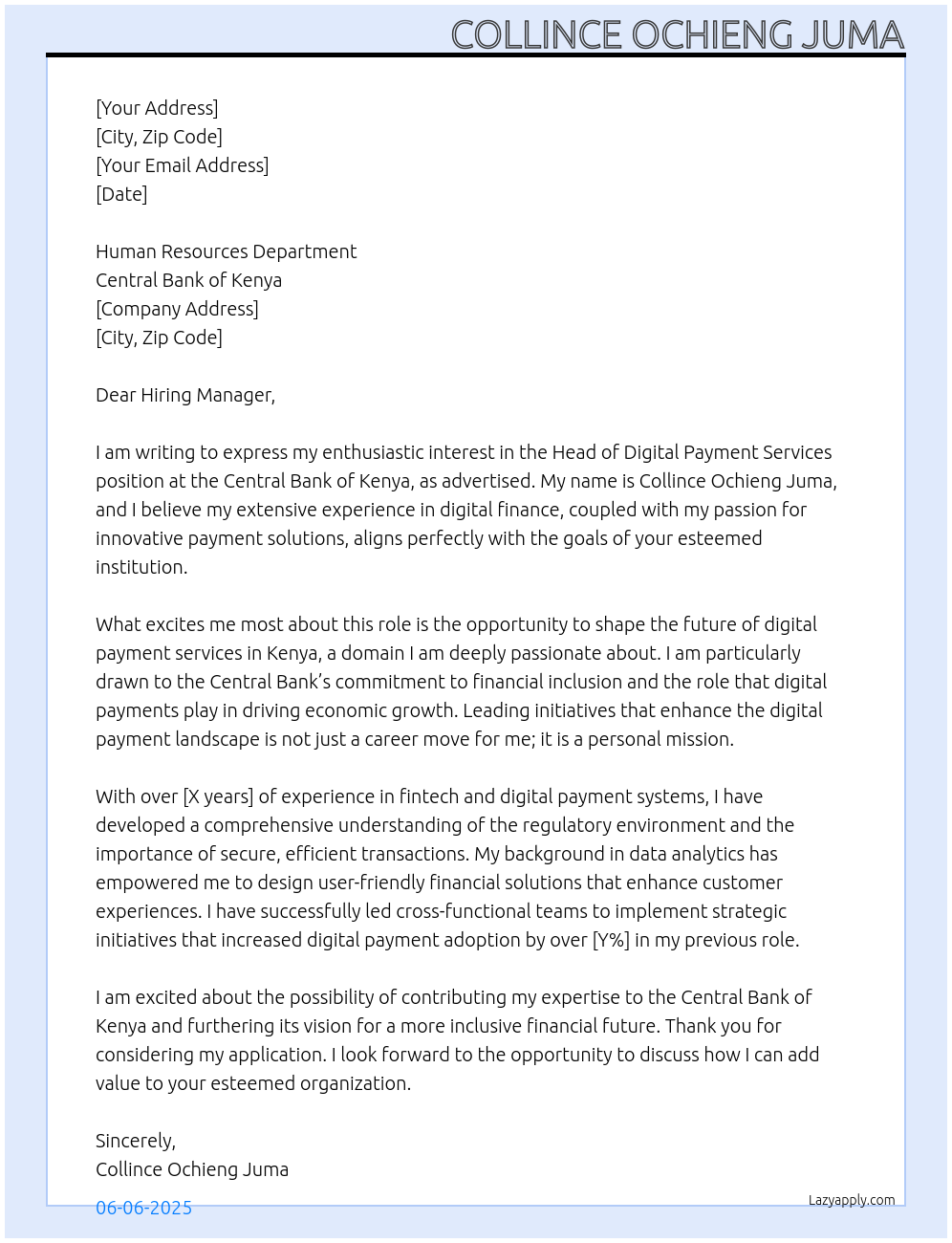 Cover letter for head of digital payment services - LazyApply