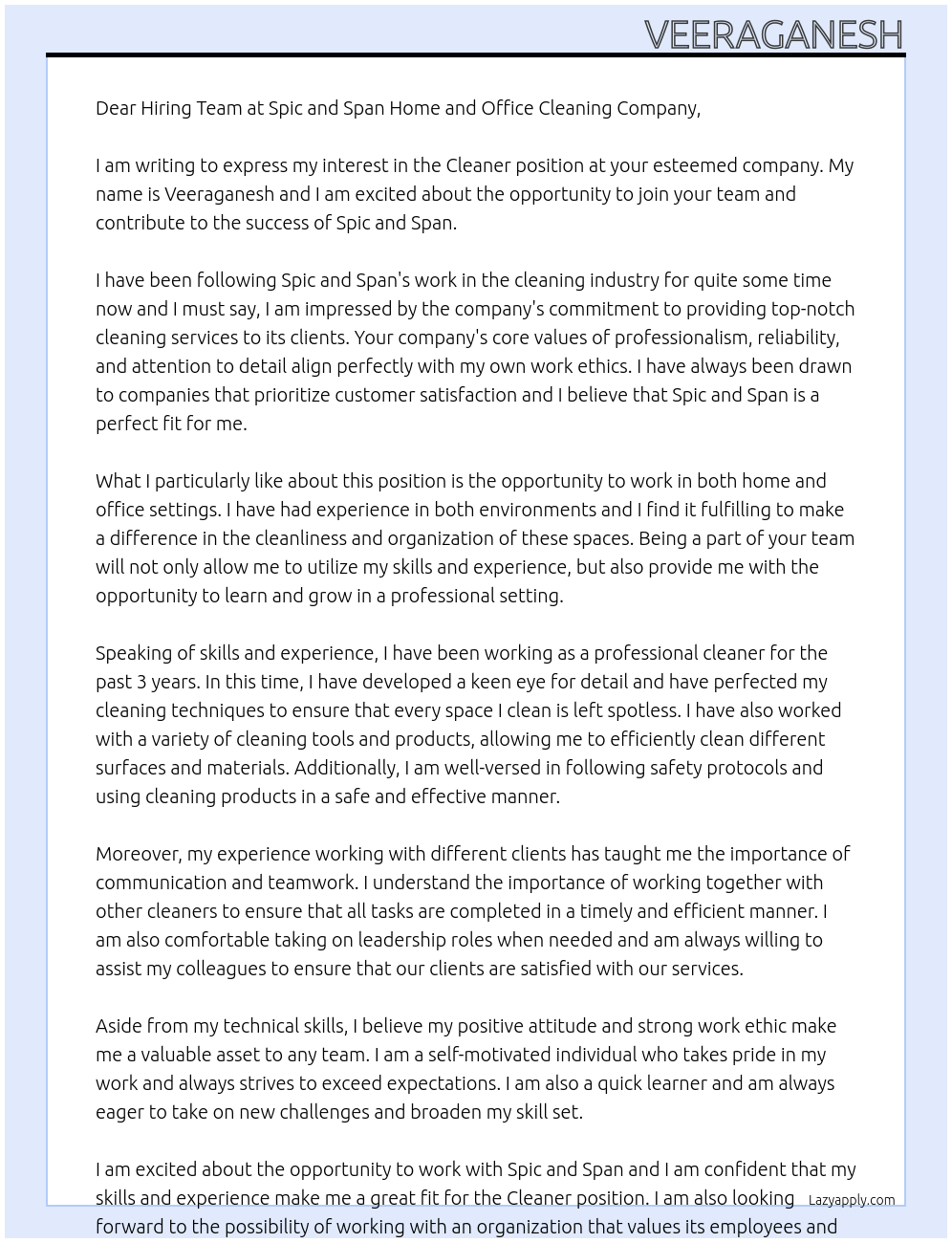 Cover letter for cleaner - LazyApply