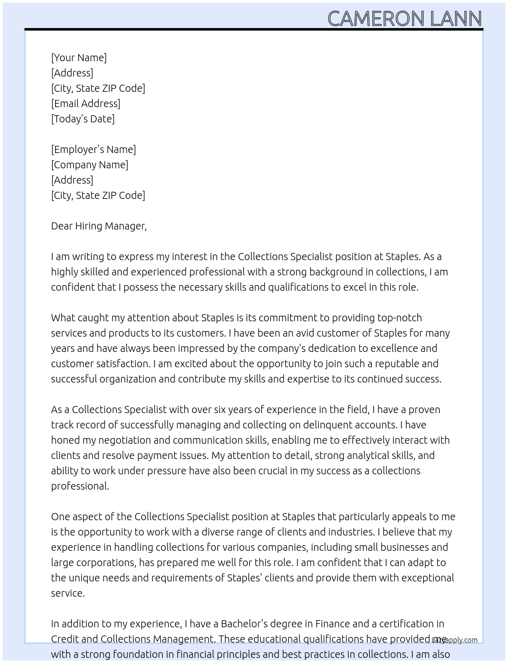 Cover letter for collections specialist - LazyApply