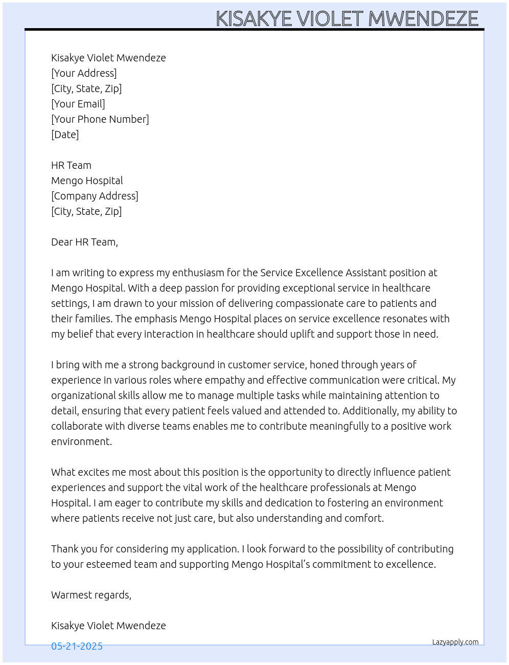 Cover letter for service excellence assistant - LazyApply