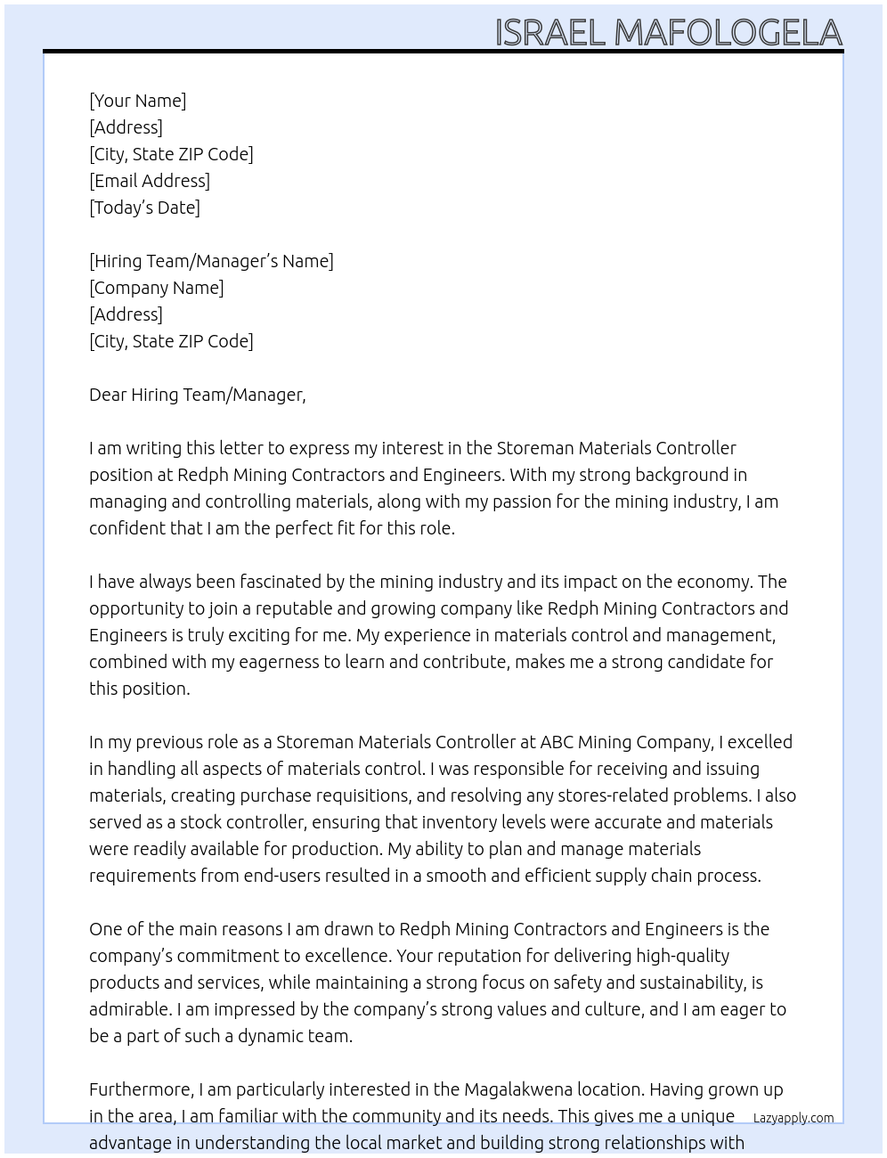 Cover letter for storeman materials controller - LazyApply