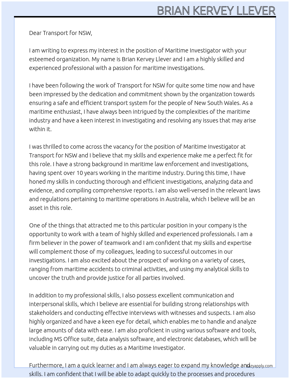 Cover letter for maritime investigator - LazyApply