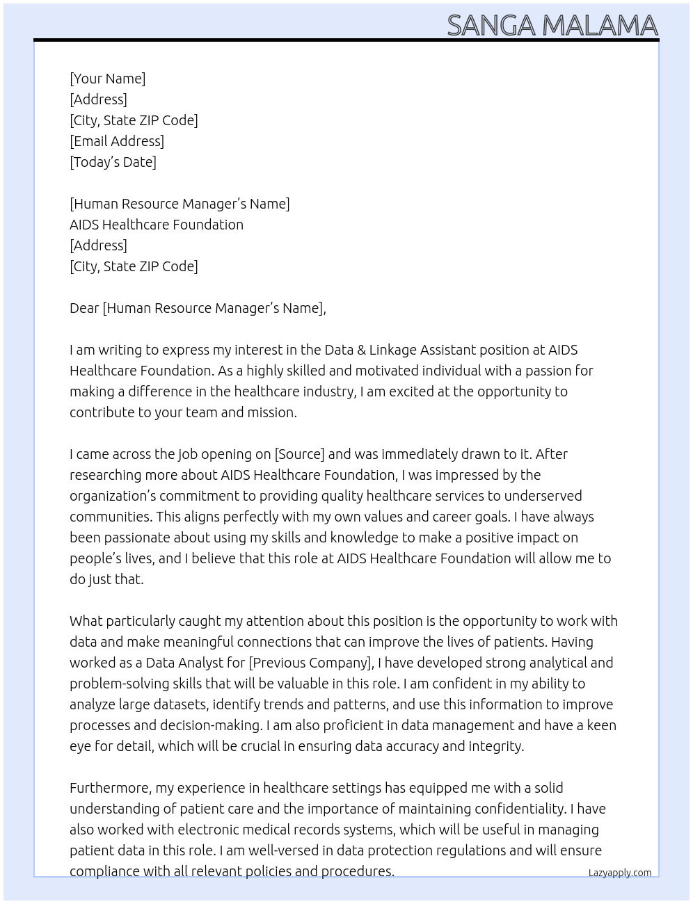 Cover letter for data linkage assistant - LazyApply