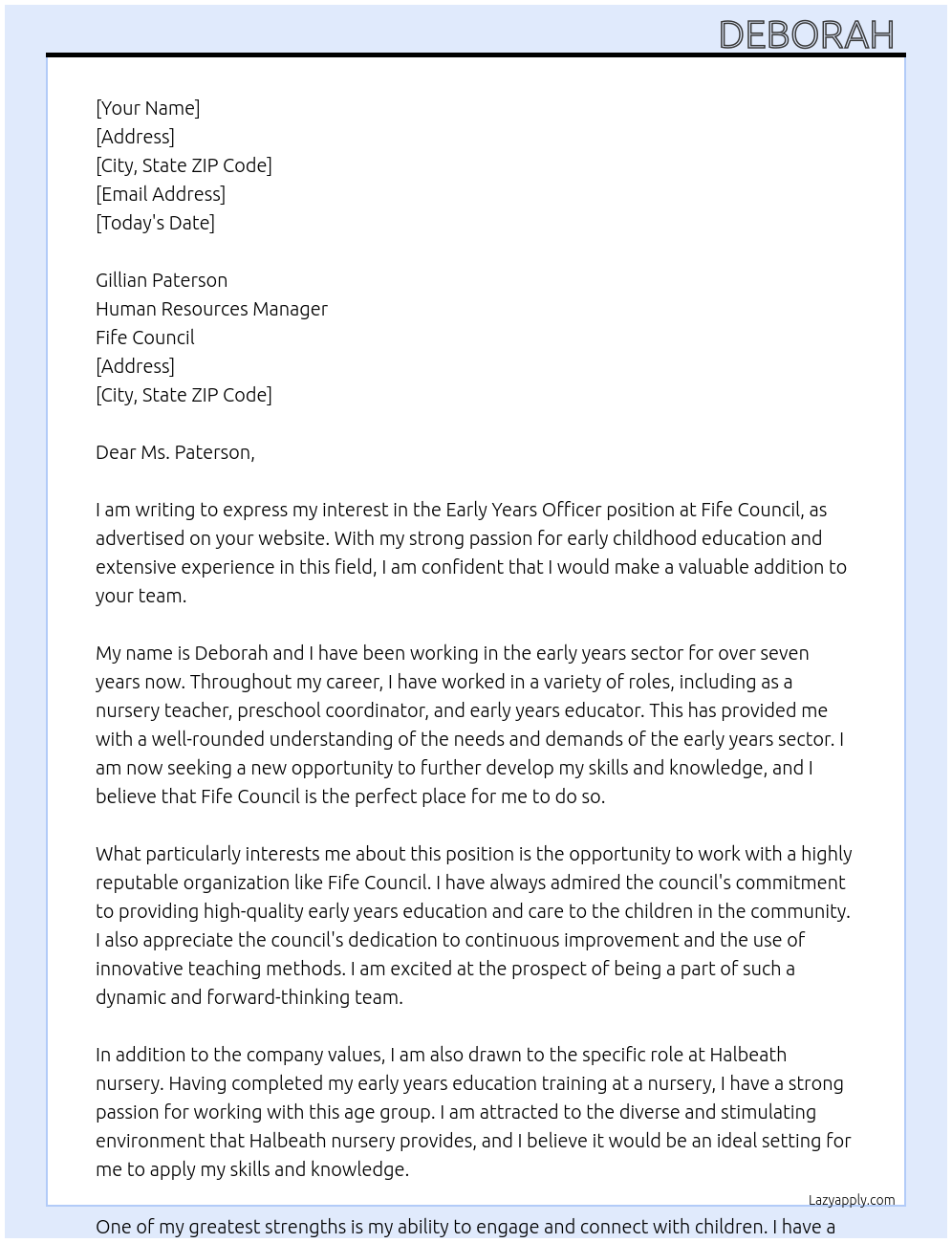 Cover letter for early years officer - LazyApply