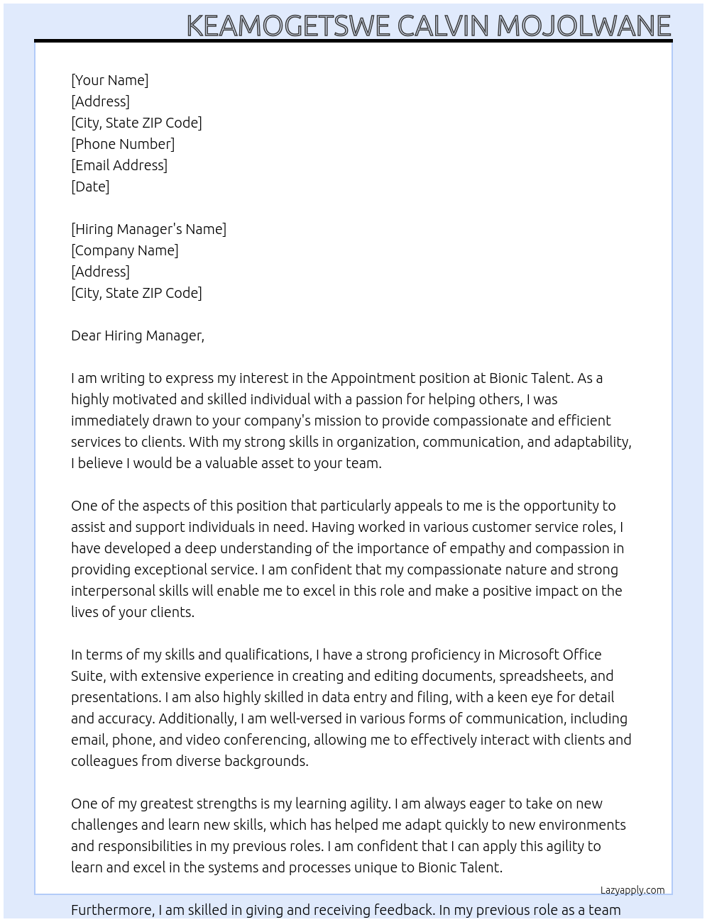 Cover letter for appointment - LazyApply