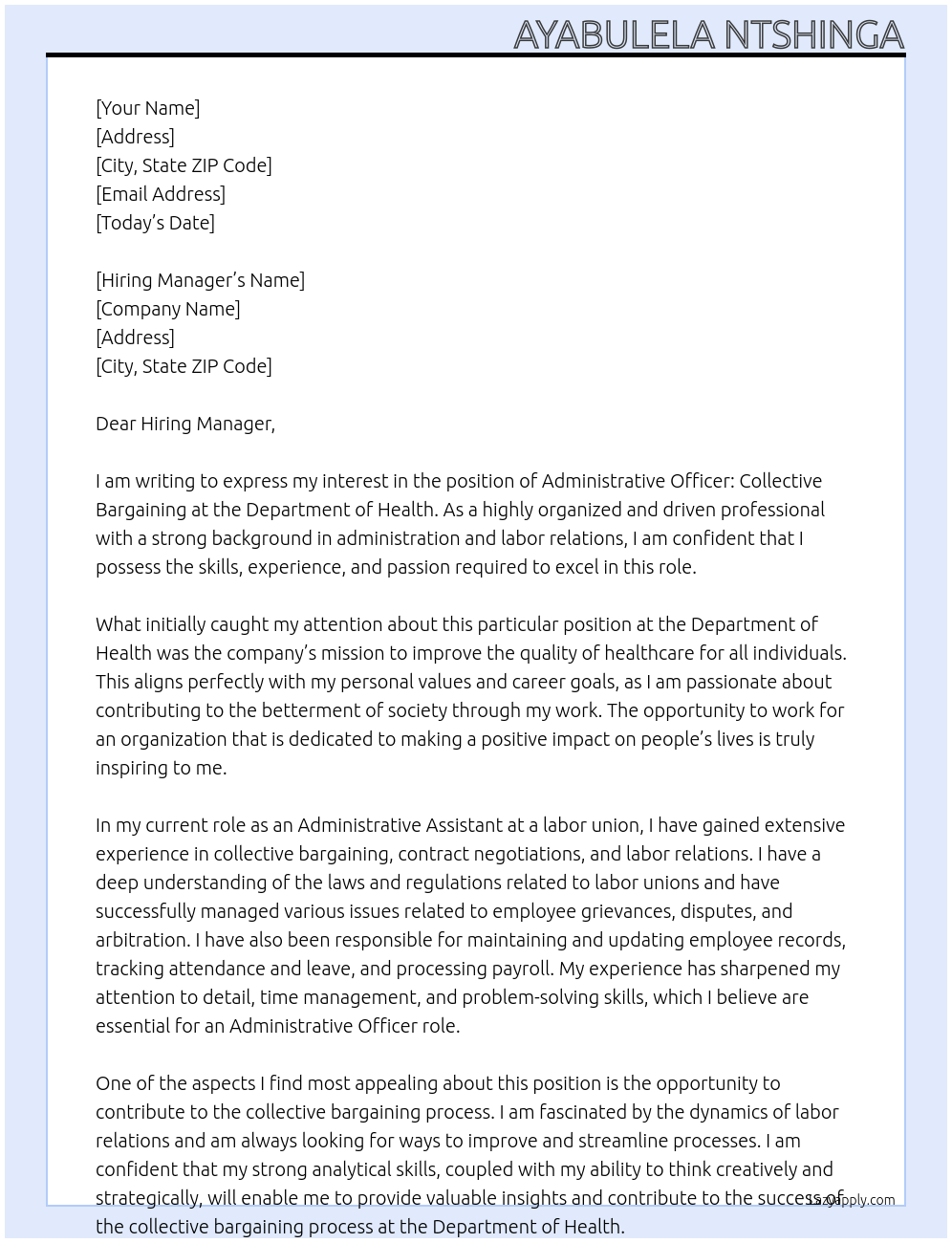 Cover letter for administrative officer: collective bargaining - LazyApply