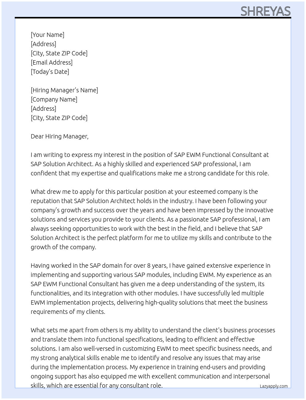 Cover letter for sap ewm functional consultant - LazyApply