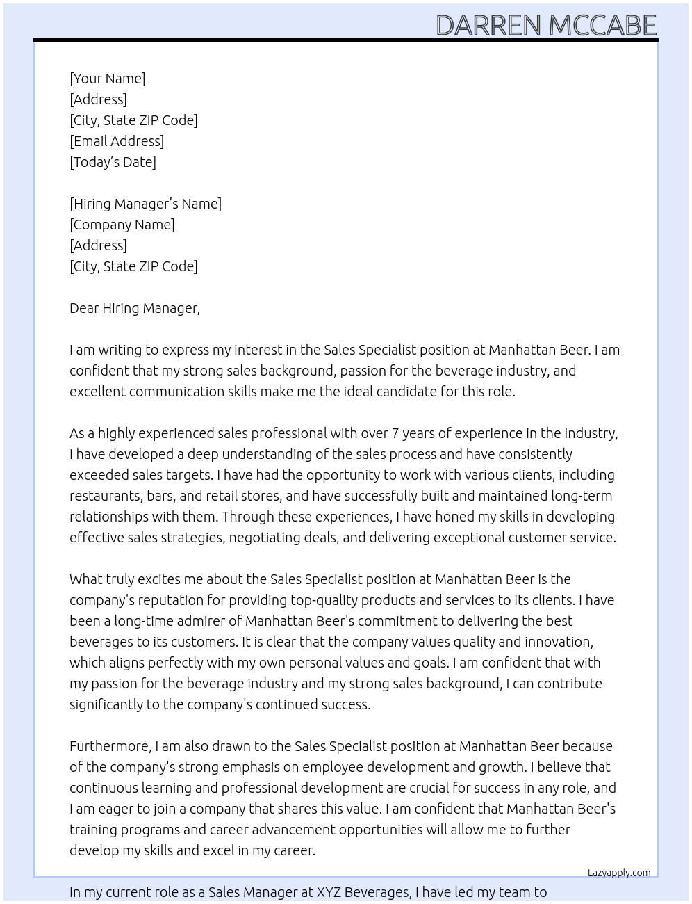 Cover letter for sales specialist - LazyApply