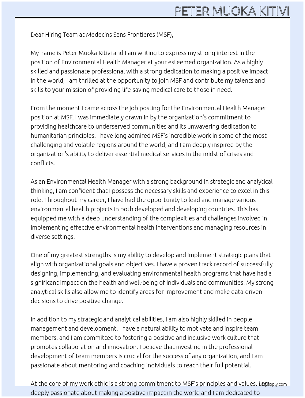 Cover letter for environmental health manager - LazyApply