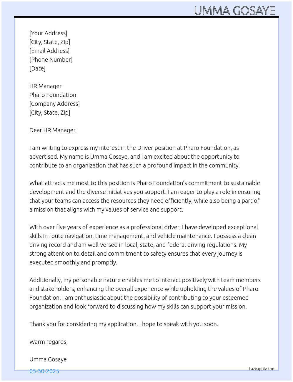 Cover letter for driver - LazyApply