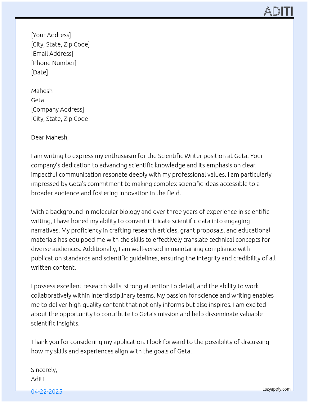 Cover letter for scientific writer - LazyApply