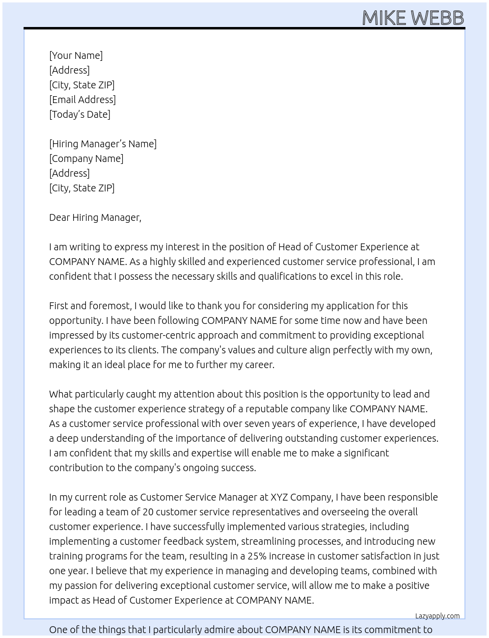 Cover letter for head of customer experience - LazyApply