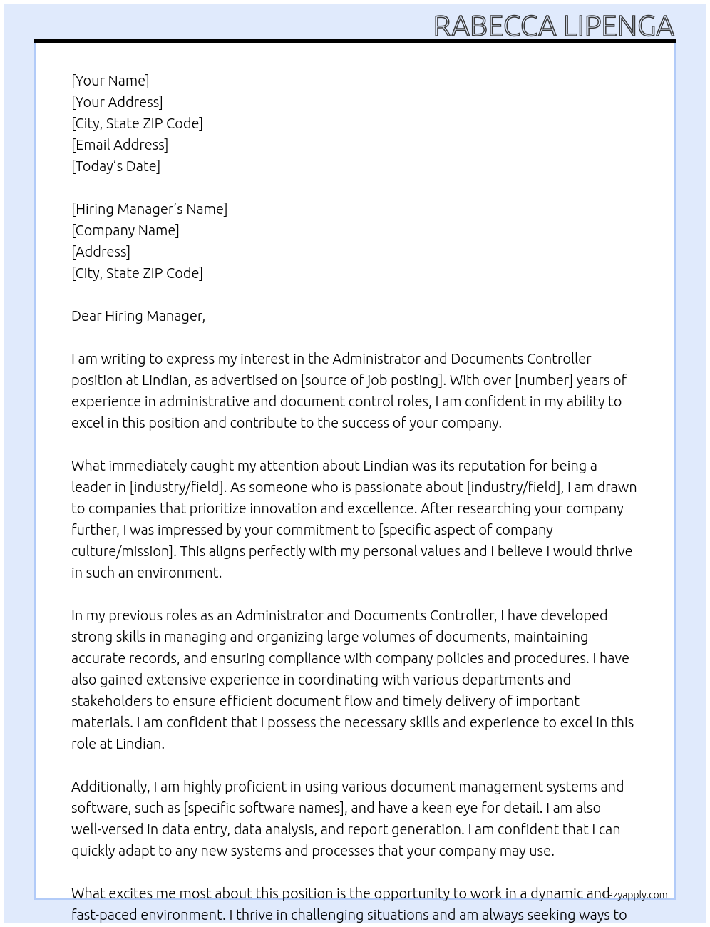 Cover letter for administrator and documents controller - LazyApply