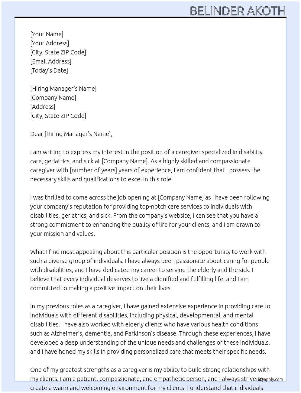 Cover letter for caregiver specialized in disability care, geriatrics ...