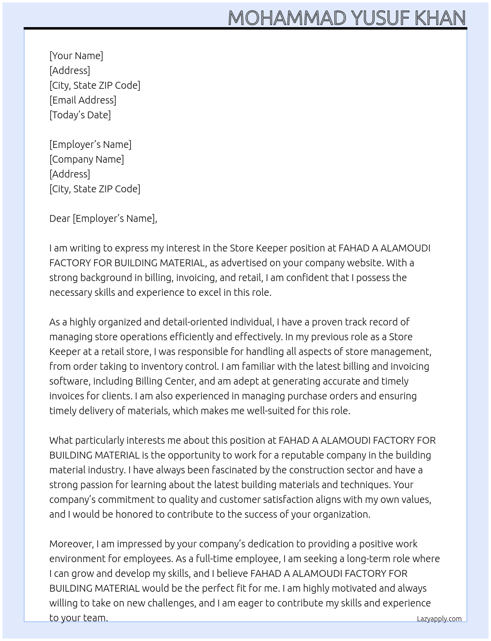 Cover letter for store keeper - LazyApply