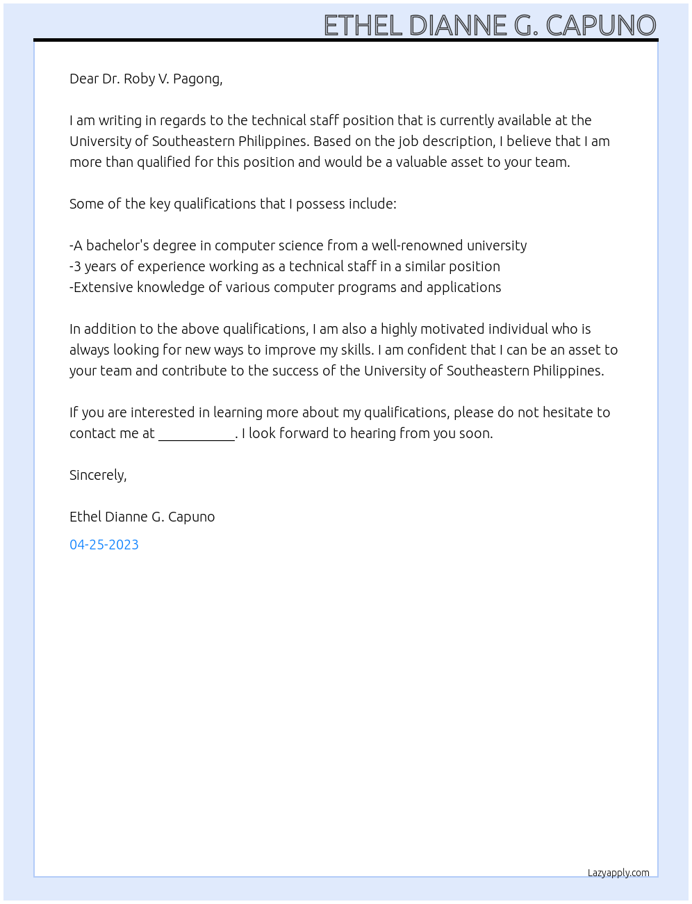 Cover letter for technical staff - LazyApply