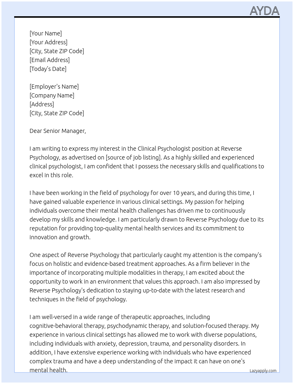 Cover letter for clinical psychologist - LazyApply