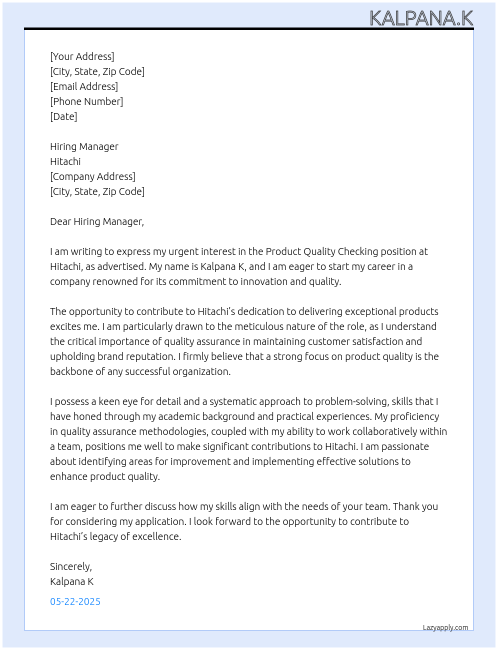 Cover letter for product quality cheaking - LazyApply