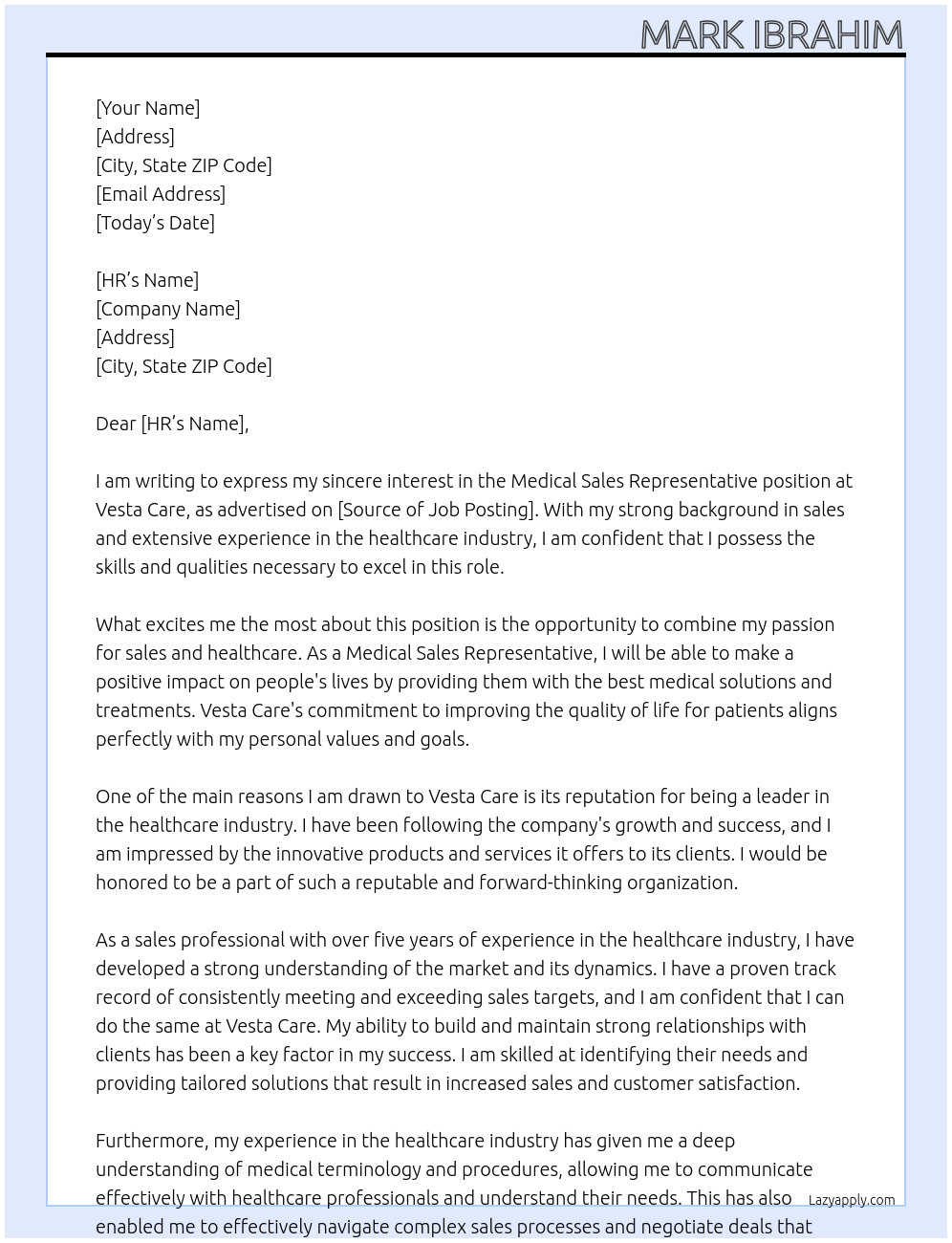 Cover letter for medical sales representative - LazyApply